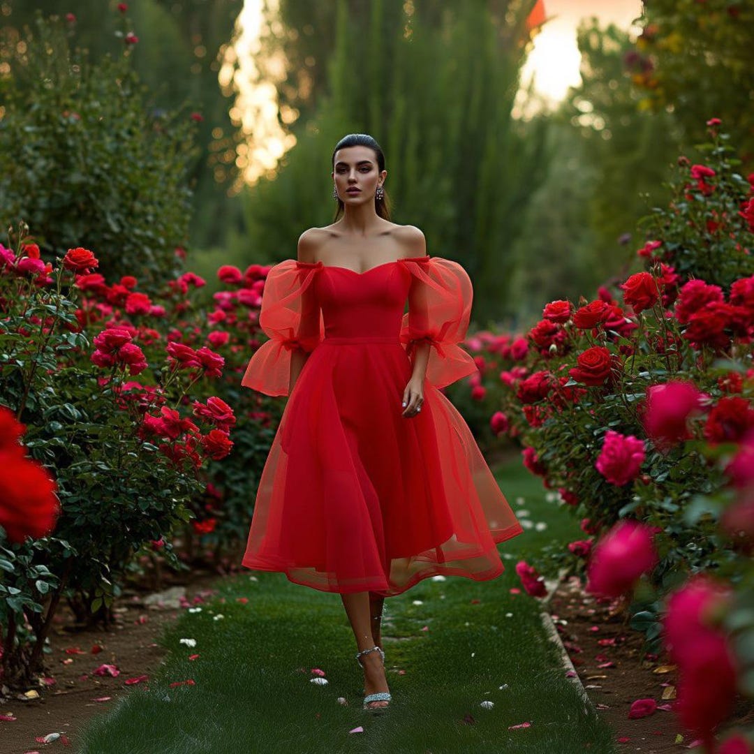 Ethereal Red Corset Tea Length Dress. New Year and Holiday Parties Off ...