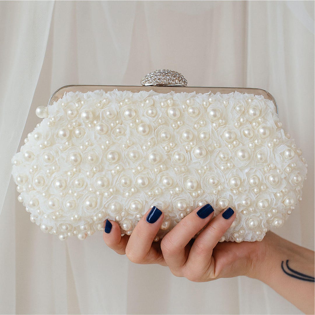 Wedding Clutch With Pearls and Flowers. Two-sided Bridal Bag With ...
