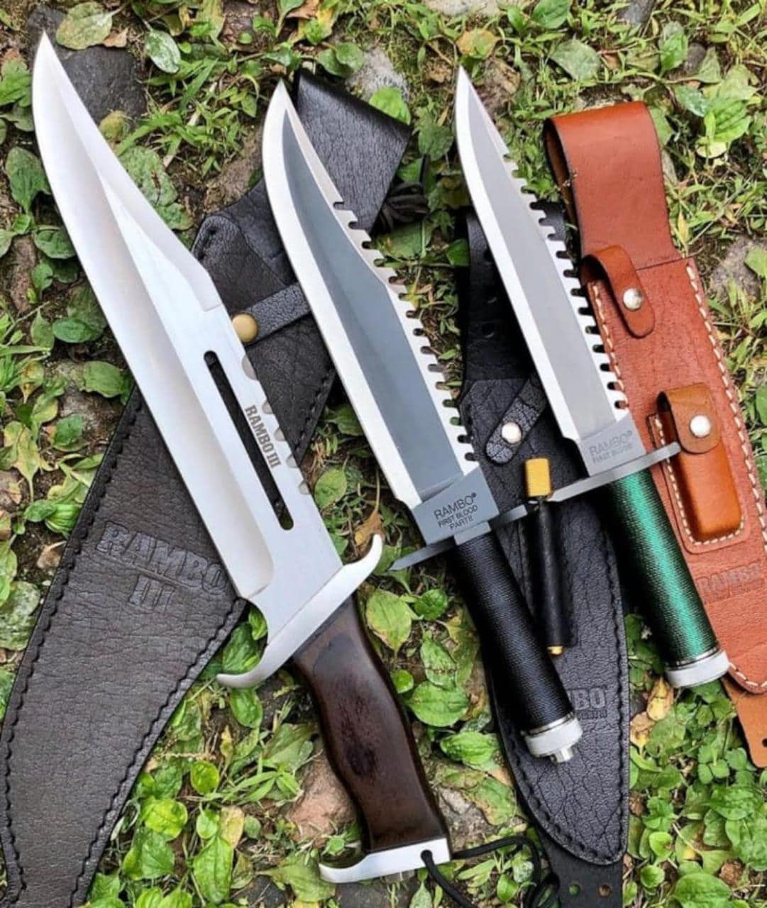 Handmade D2 Steel Pair of 3 Rambo Knives With Leather Sheath/ Hunting ...