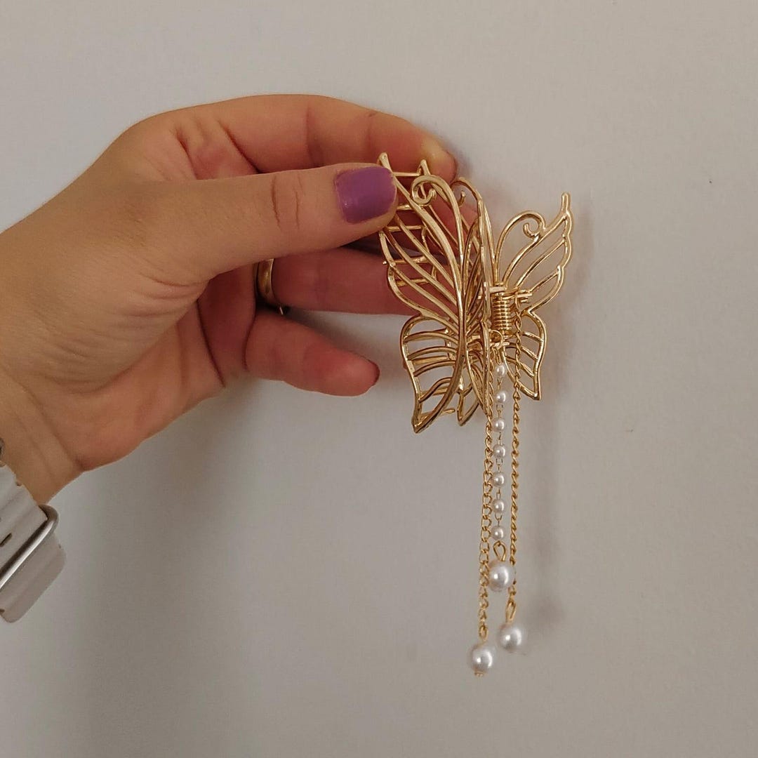 Gold Butterfly Hair Claw Clip With Pearl Dangles - Etsy