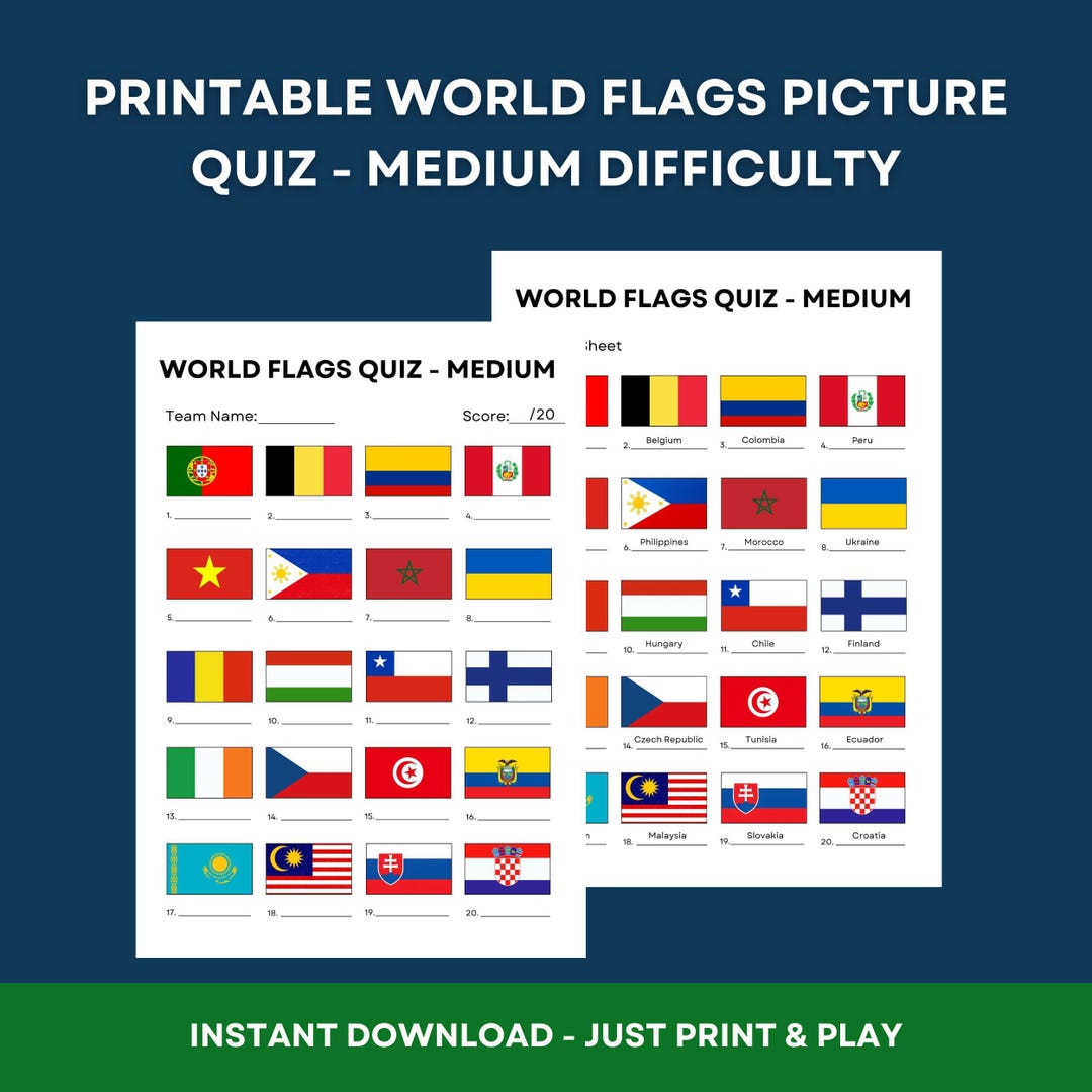 World Flags Quiz: Printable Trivia Game - Medium Difficulty (digital ...