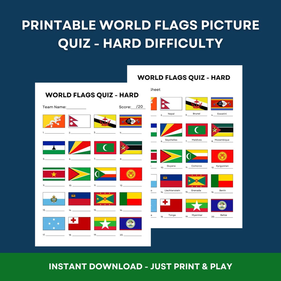 World Flags Quiz: Printable Trivia Game - Hard Difficulty (digital ...