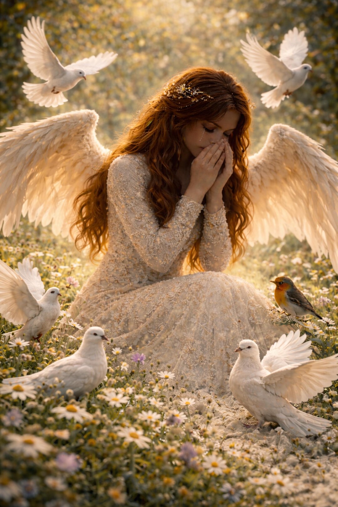 Ethereal Brown-haired Angel With Robin – Fantasy Nature Wall Art Print ...