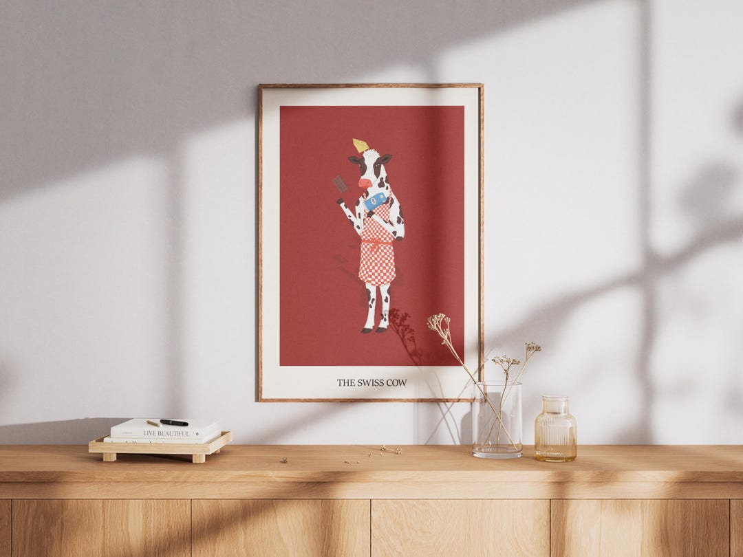 Food Juggling Cartoon Swiss Cow Poster Animal Print Foodie Dining Room ...