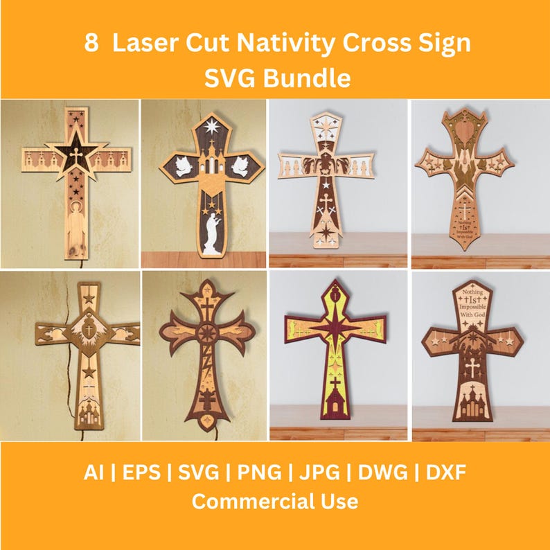 Laser Cut Nativity Cross SVG Bundle, 8 Designs, Religious Decor ...