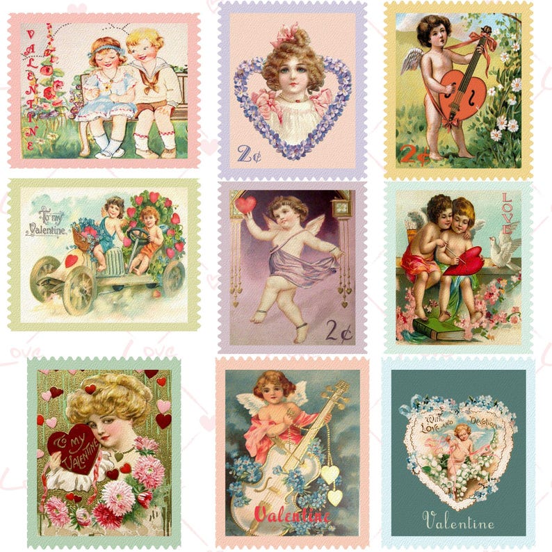Vintage Valentine Stamp, Retro Love Stamp Clipart Bundle,pink ...