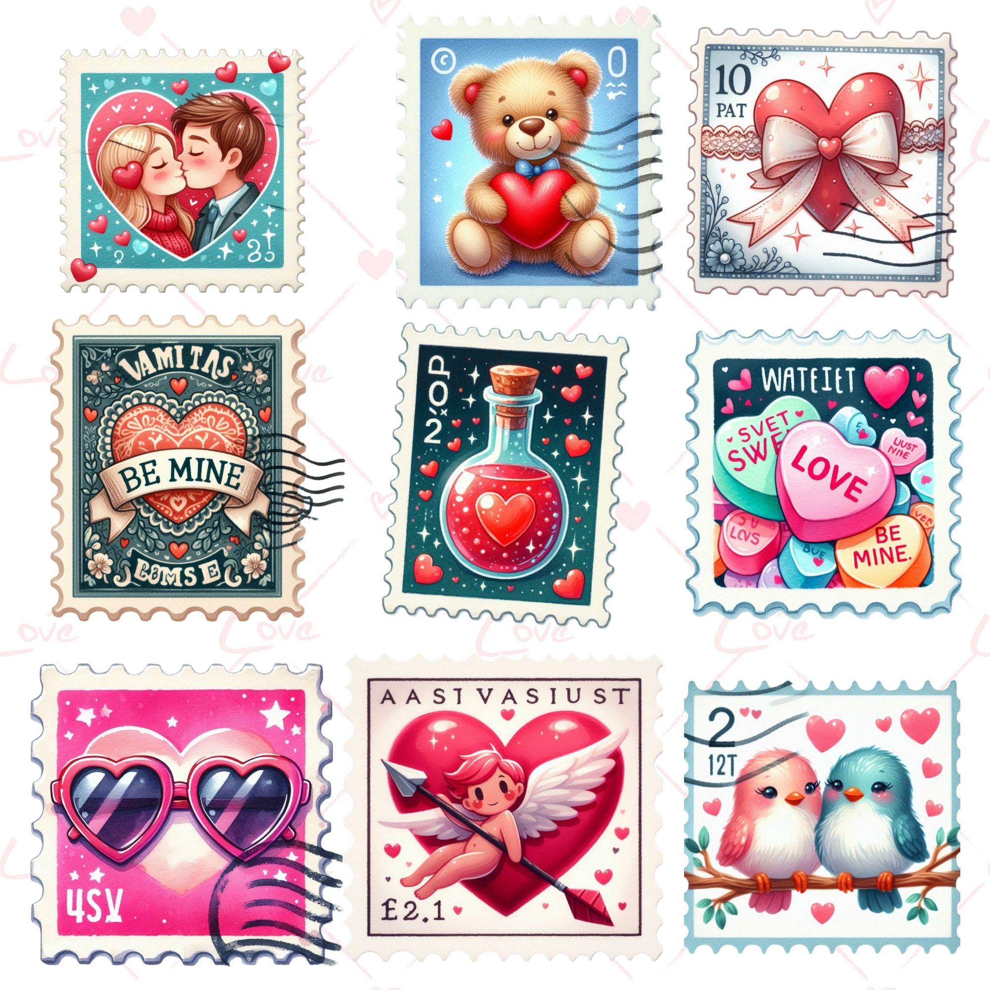 Valentines Day Stamps PNG Bundle: Valentine Stamps Designs Clipart PNG ...