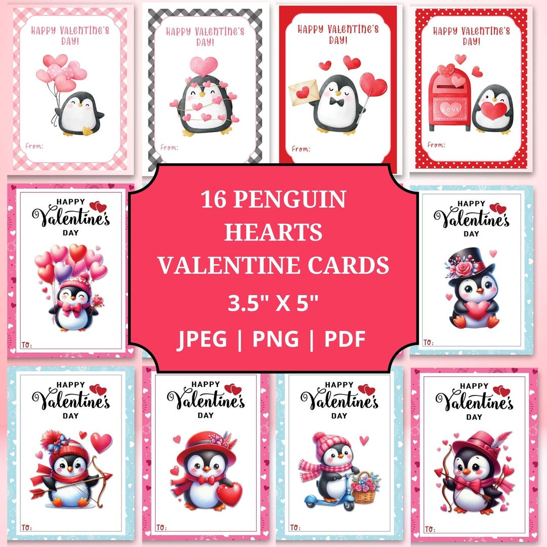 Penguin Valentine's Day Card - Printable 16 Valentine Cards - Etsy