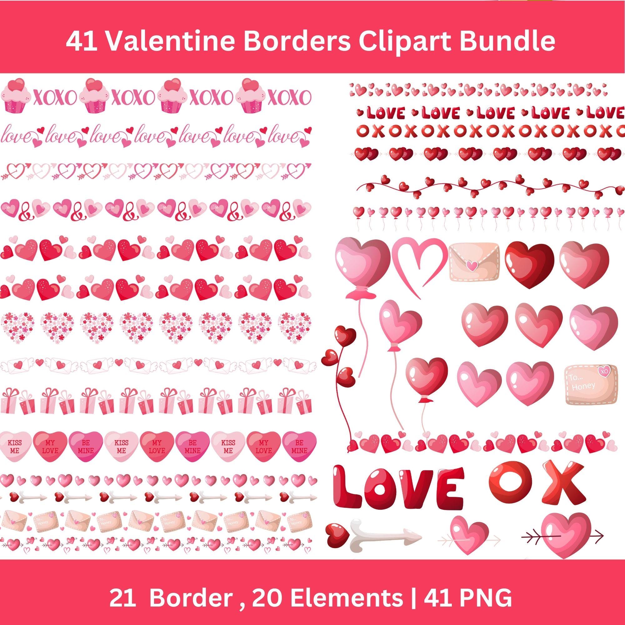 Valentine's Day Border Clipart | 41 Heart & Flower Endless Borders PNG ...