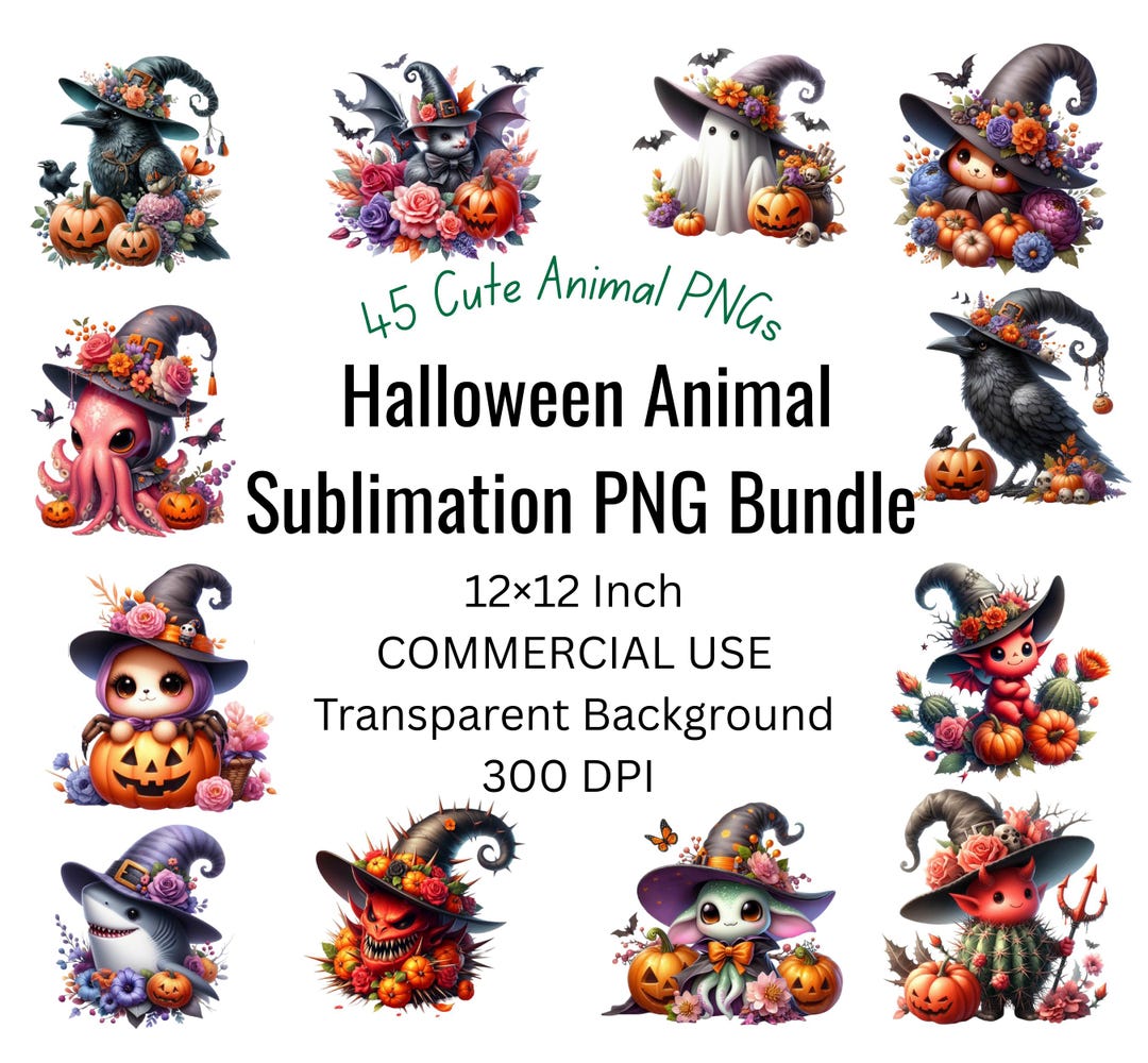 Animal Halloween Clipart, Watercolor Cute Halloween PNG Bundle, Cute ...