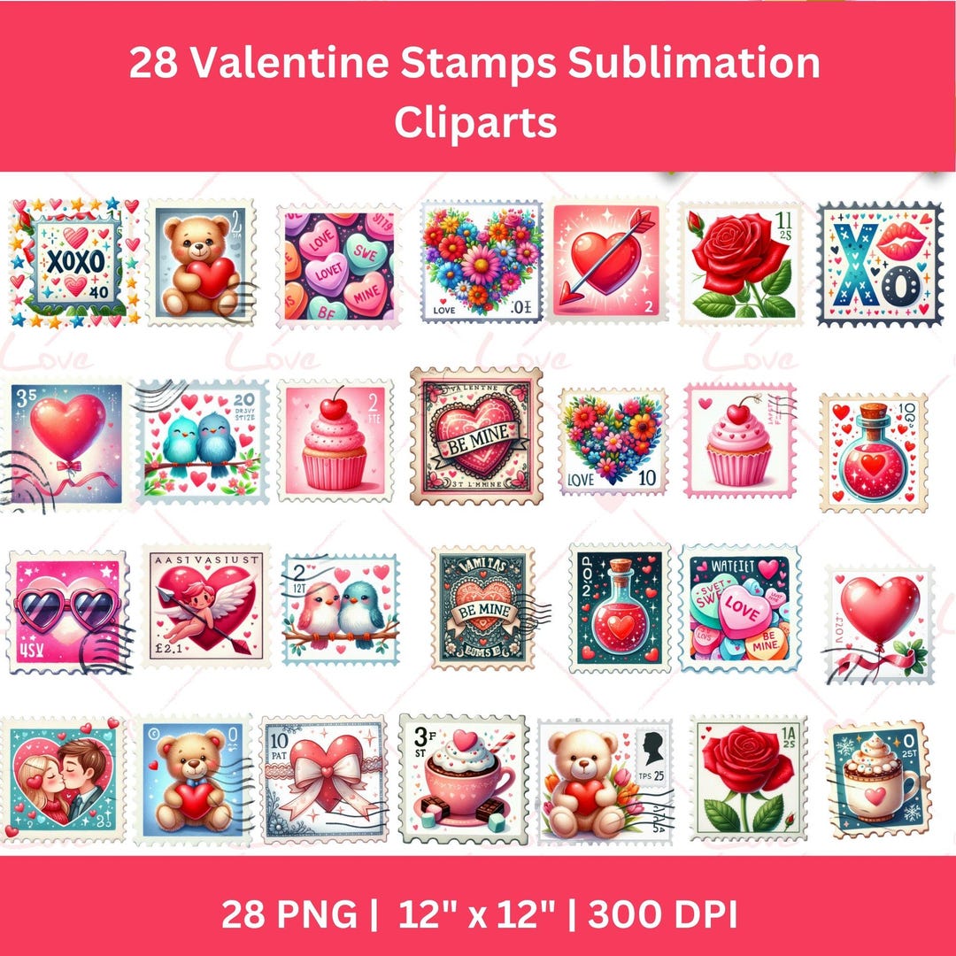Valentines Day Stamps PNG Bundle: Valentine Stamps Designs Clipart PNG ...