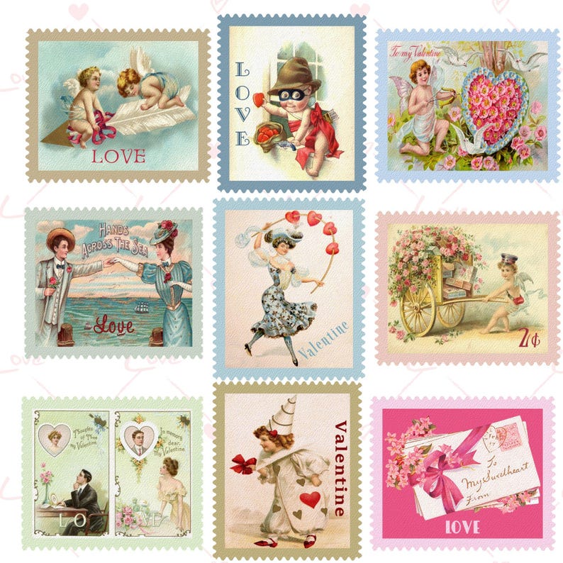 Vintage Valentine Stamp, Retro Love Stamp Clipart Bundle,pink ...