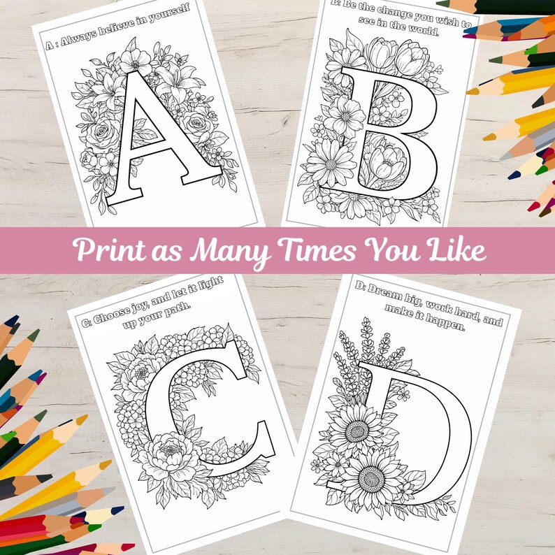 Floral Alphabet Coloring Book – A-Z Letters With Affirmations -digital ...