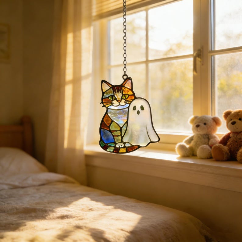 Handmade Tabby Cat & Cute Ghost Stained Glass Suncatcher - Spooky Cute ...