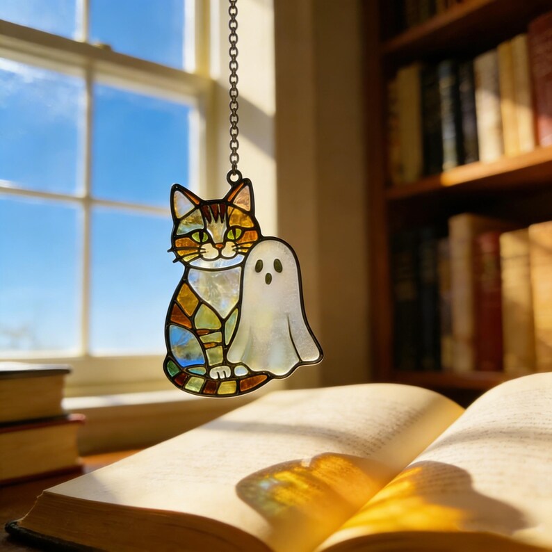 Handmade Tabby Cat & Cute Ghost Stained Glass Suncatcher - Spooky Cute ...
