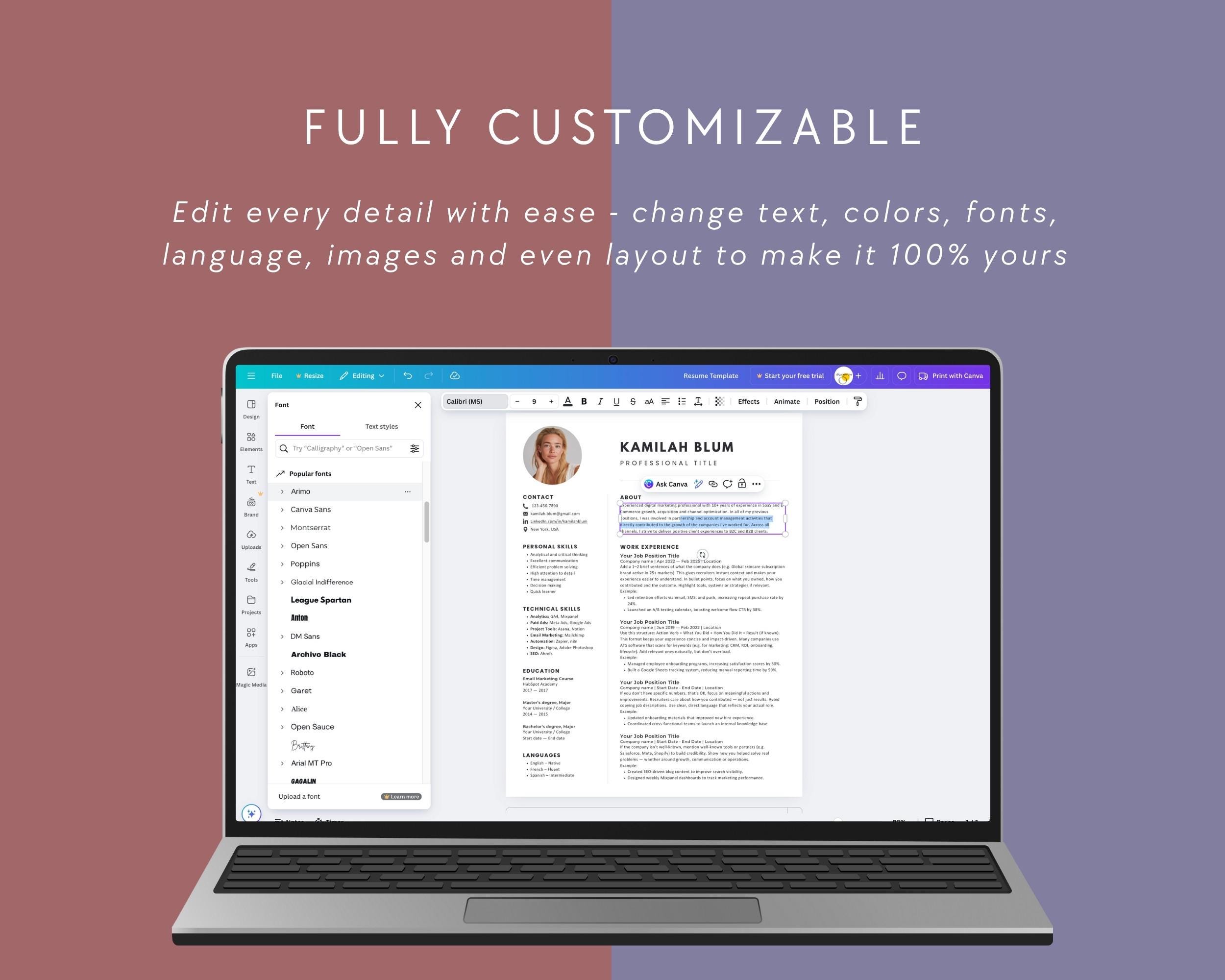 Editable Executive Resume Template Canva, Professional Marketing CV ...