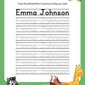 Pre-k Custom Name Tracing Worksheet With Animals | Green - Etsy