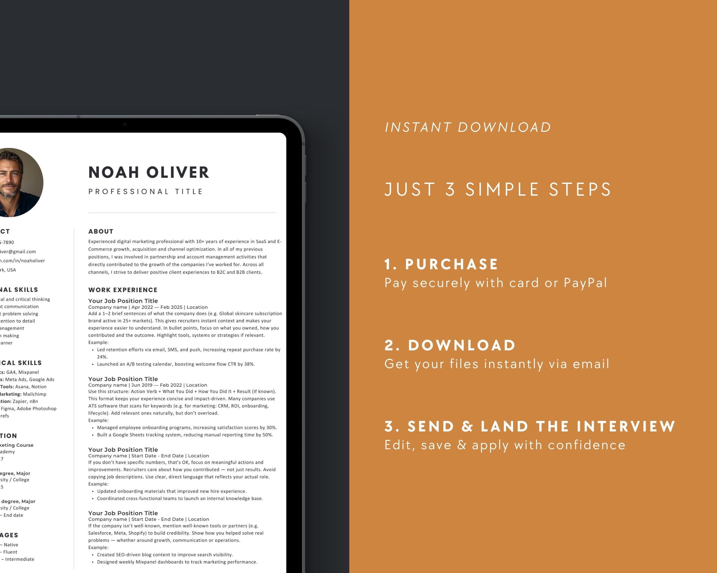 Editable Executive Resume Template Canva, Professional Marketing CV ...
