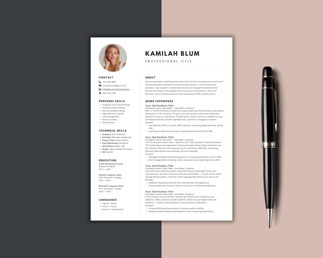 Minimalist Resume Template With Photo | CV Template Canva | Cover ...