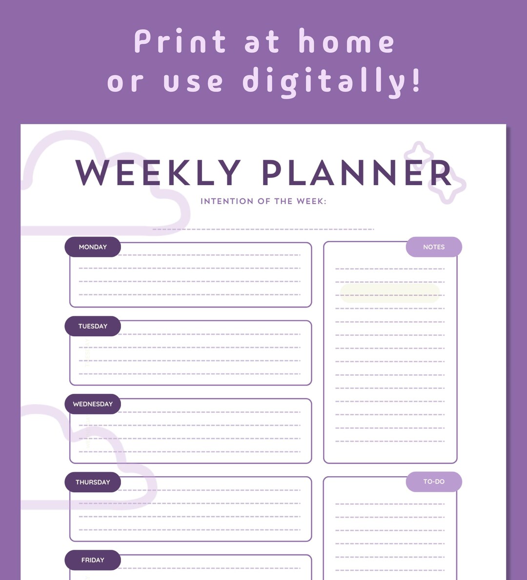 Purple Clouds Weekly Planner – Printable and Digital (PDF and PNG) - Etsy