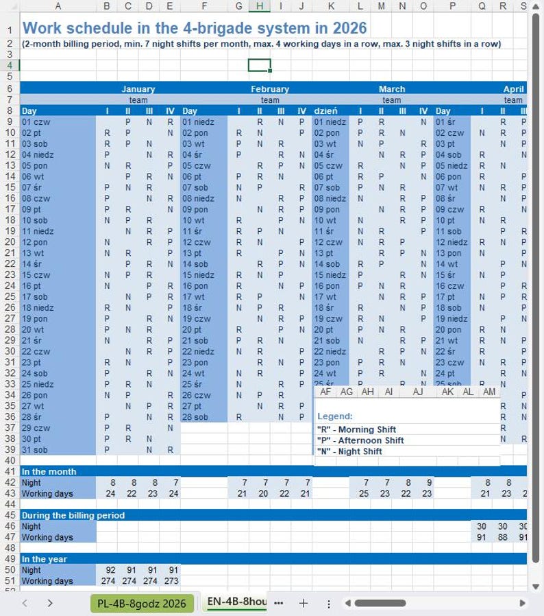 Pre-filled 4-team Work Schedule for 2026, 3 Shifts per Day ...