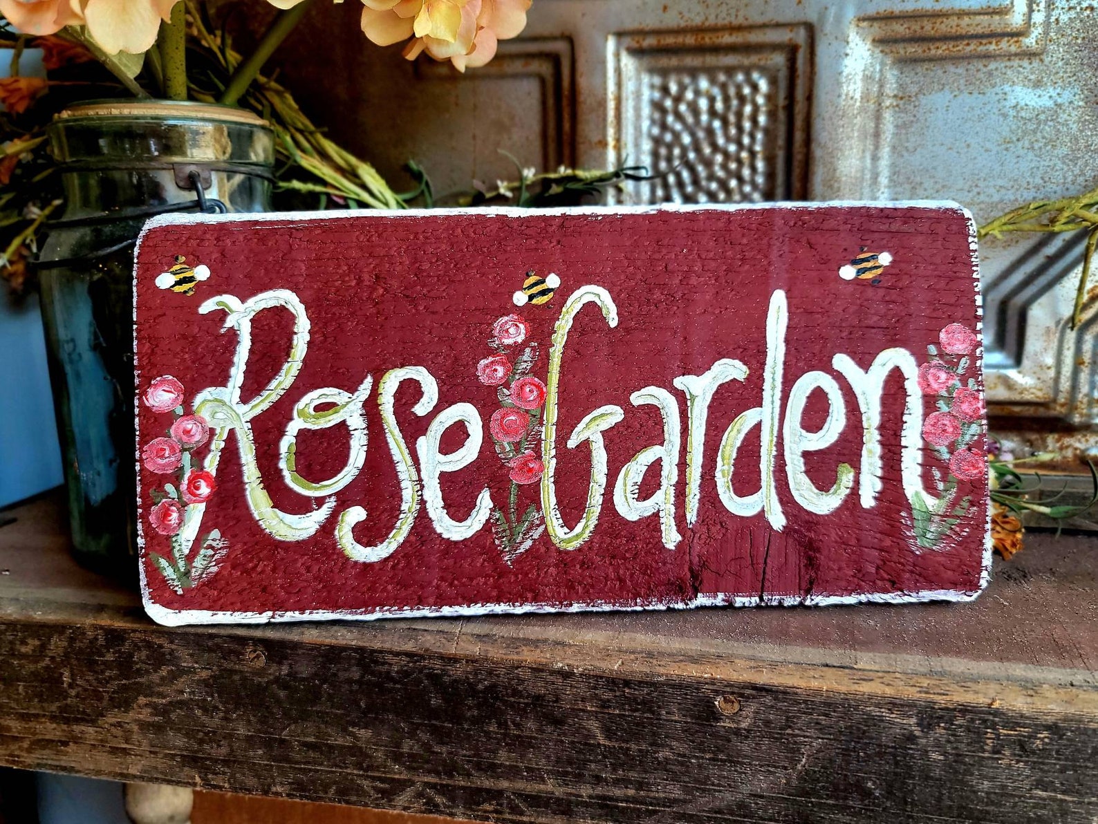 Rose Garden Sign,painted Garden Gift,custom Wooden Sign,outdoor Garden ...