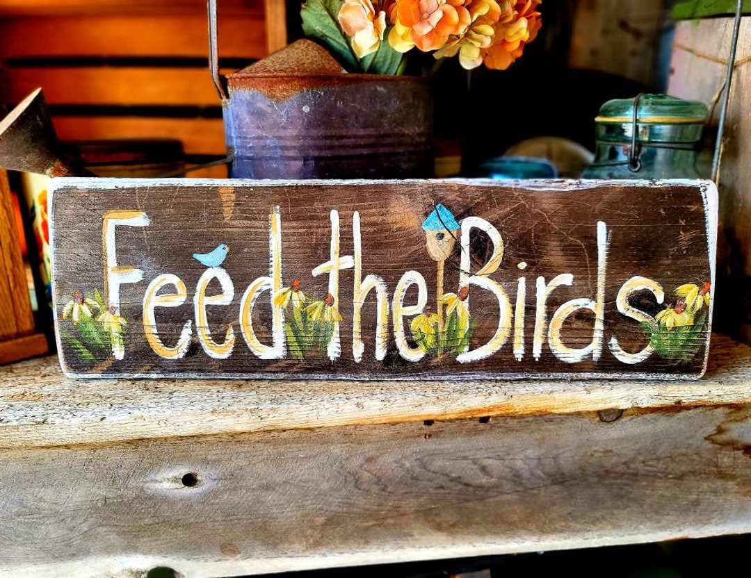 Feed the Birds Sign, Rustic Wood Birdhouse Decor, Hand Painted Floral ...