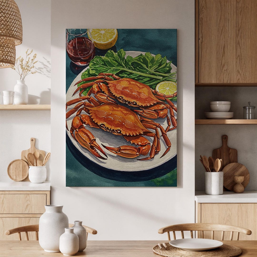 Crabs With Lemon Canvas Art, Seafood Platter Painting, Kitchen Food Art ...