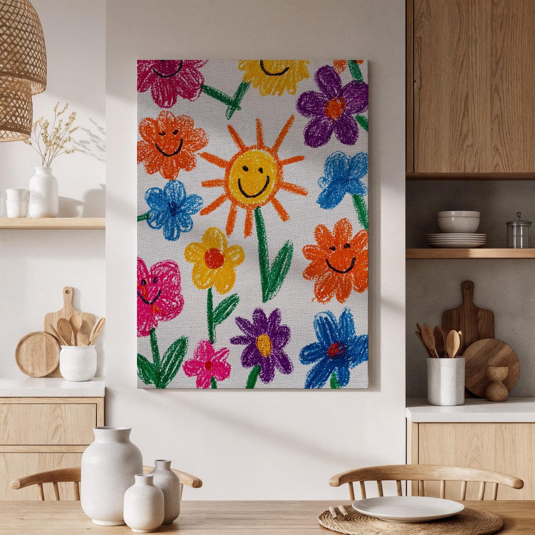 Colorful Flower Crayon Art Canvas Wall Art Framed, Kids Smile Sunflower ...
