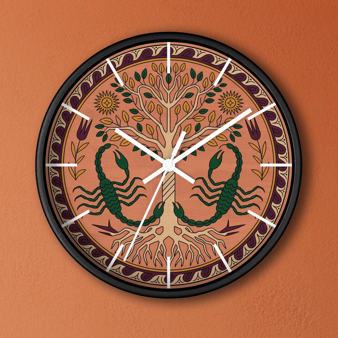 Boho Wood Frame Wall Clock: Tree & Scorpion Path Symbols, Eternal Life ...