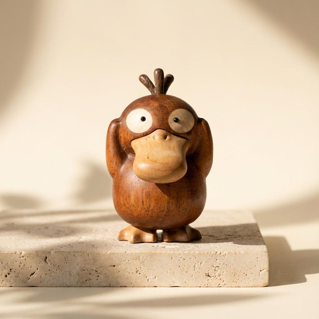 Handcrafted Wooden Psyduck Figurine - Minimalist Wood Desk Decor - Cute ...