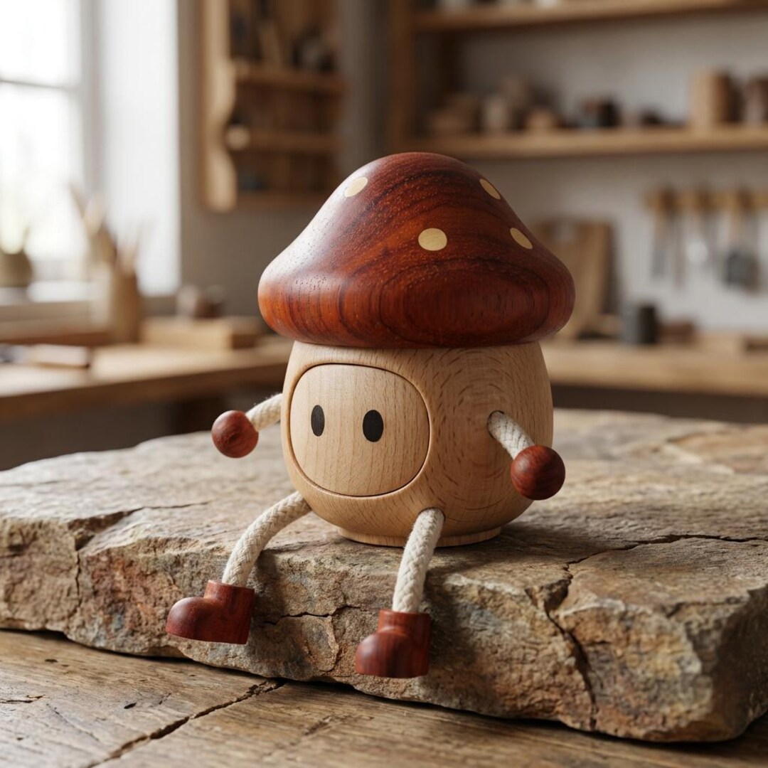 Handmade Wooden Mushroom Figurine | Movable Arms Legs | Nordic Desk ...