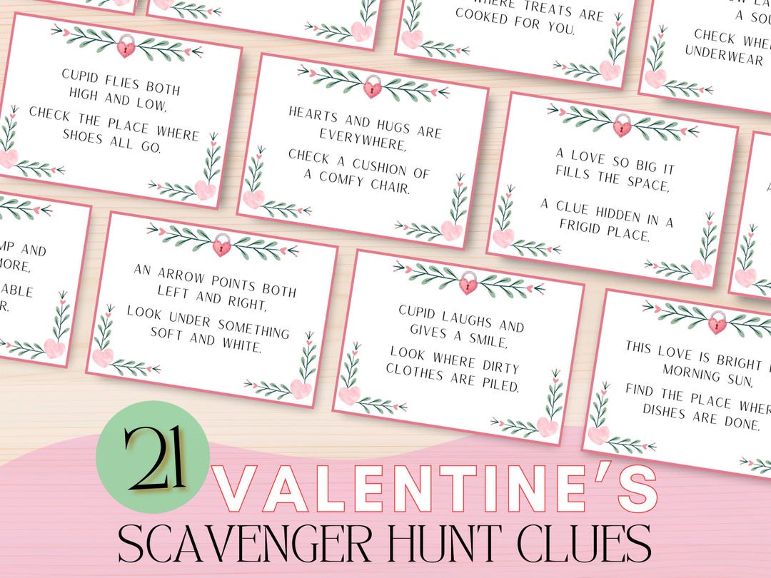 21 Valentine's Scavenger Hunt Clues - Instant Download - Valentine's ...