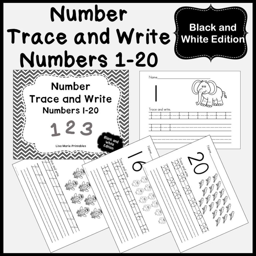 Number Trace and Write Numbers 1-20 Black and White Edition - Etsy
