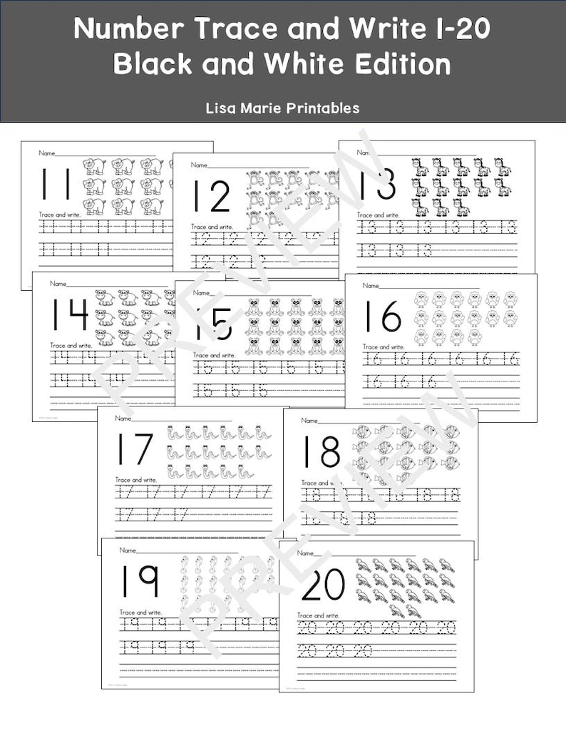 Number Trace and Write Numbers 1-20 Black and White Edition - Etsy