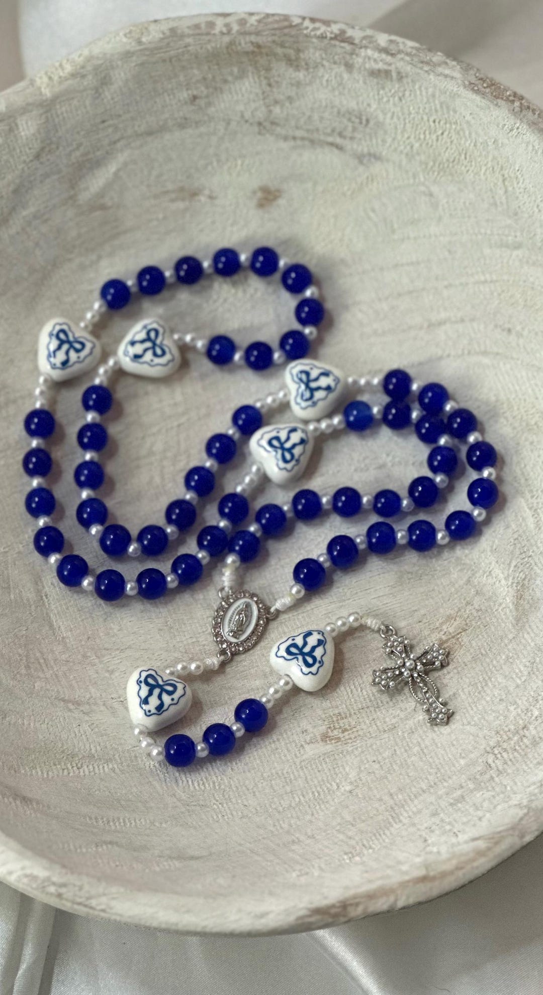 Catholic Glass Rosary Blues & Bows Rosary, Small Cross Women’s Catholic ...