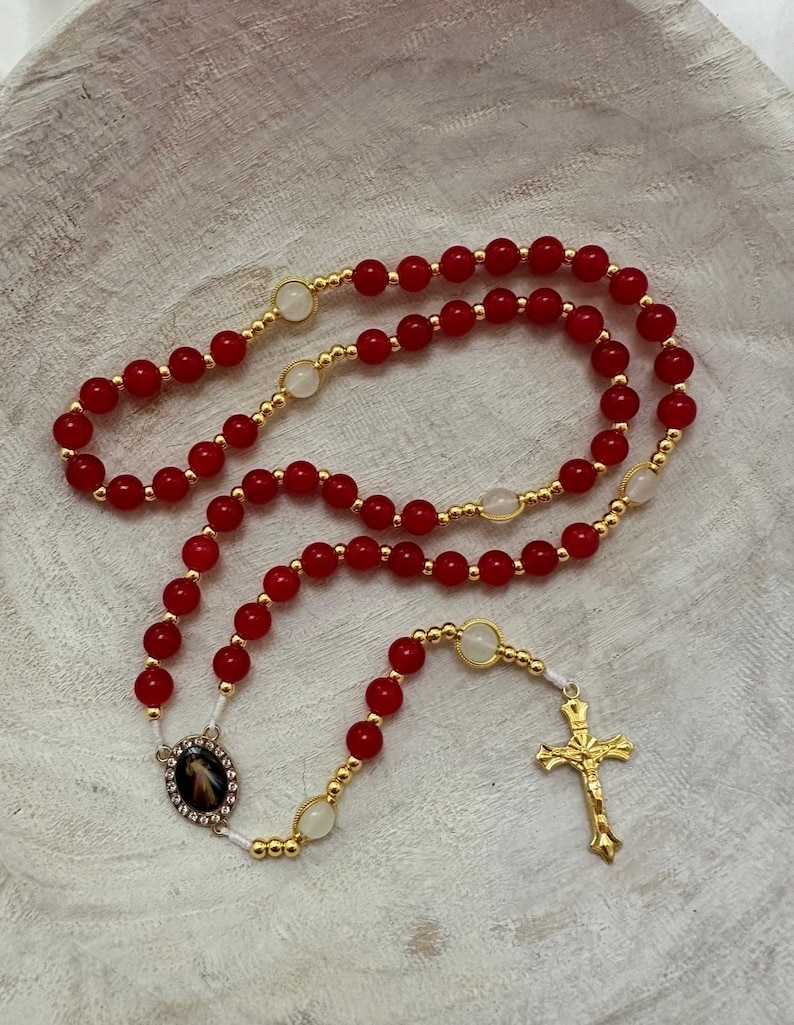 Red & Gold Divine Mercy Jesus Women’s Rosary Jesus Christ Mercy ...