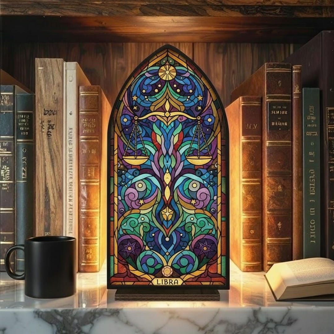 Libra Zodiac Book Nook Suncatcher Candle Holder, Stained Glass Libra ...