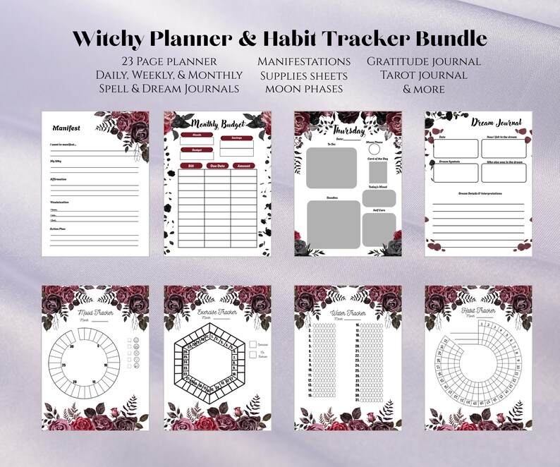 Dark Rose Witch Planner + Habit Tracker | Gothic Printable Bundle for ...