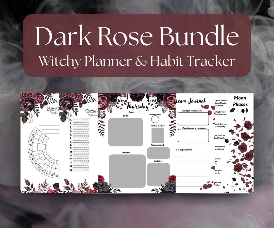 Dark Rose Witch Planner + Habit Tracker | Gothic Printable Bundle for ...