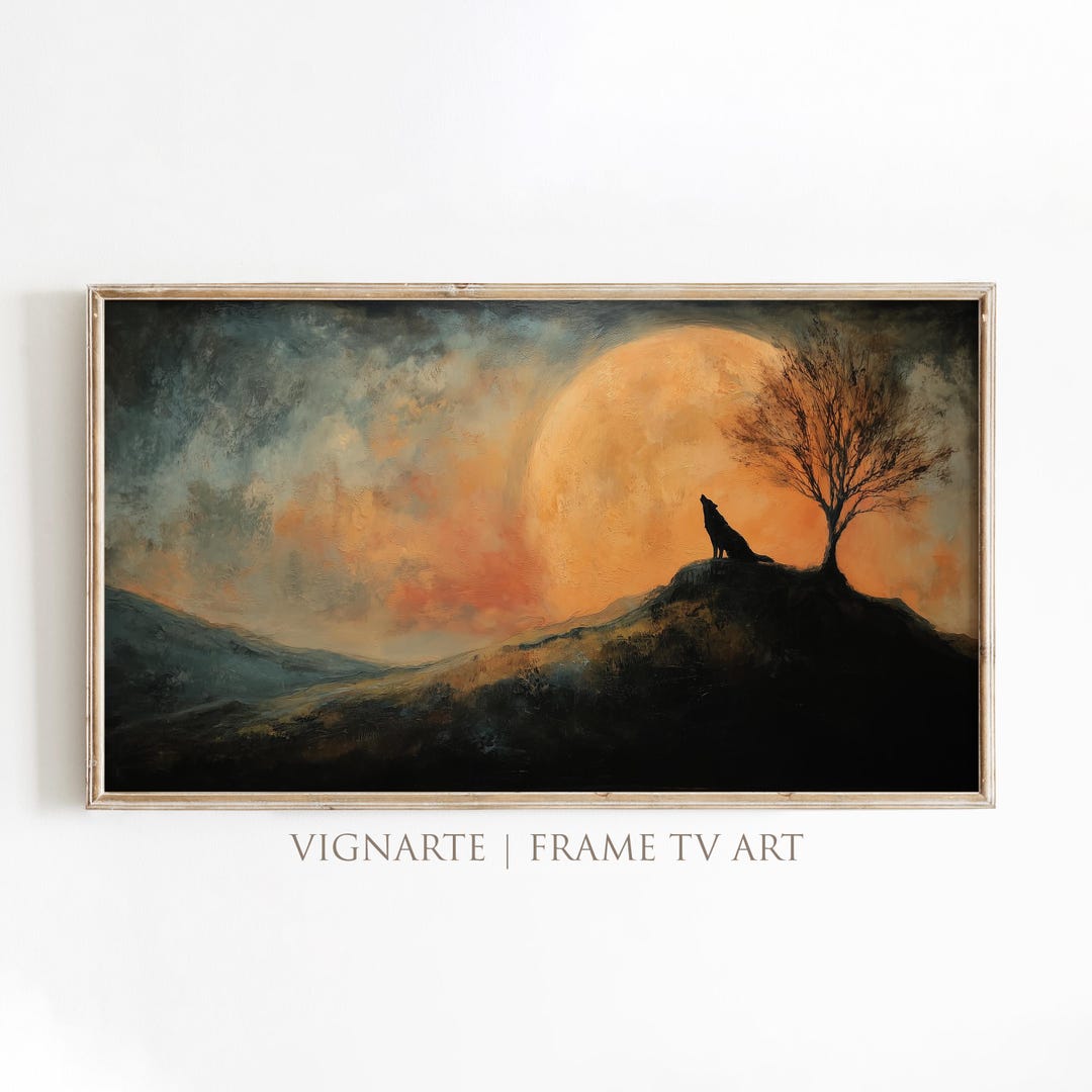 Wolf Howling at Moon Frame TV Art, Rustic Landscape Scene, Moody Night ...