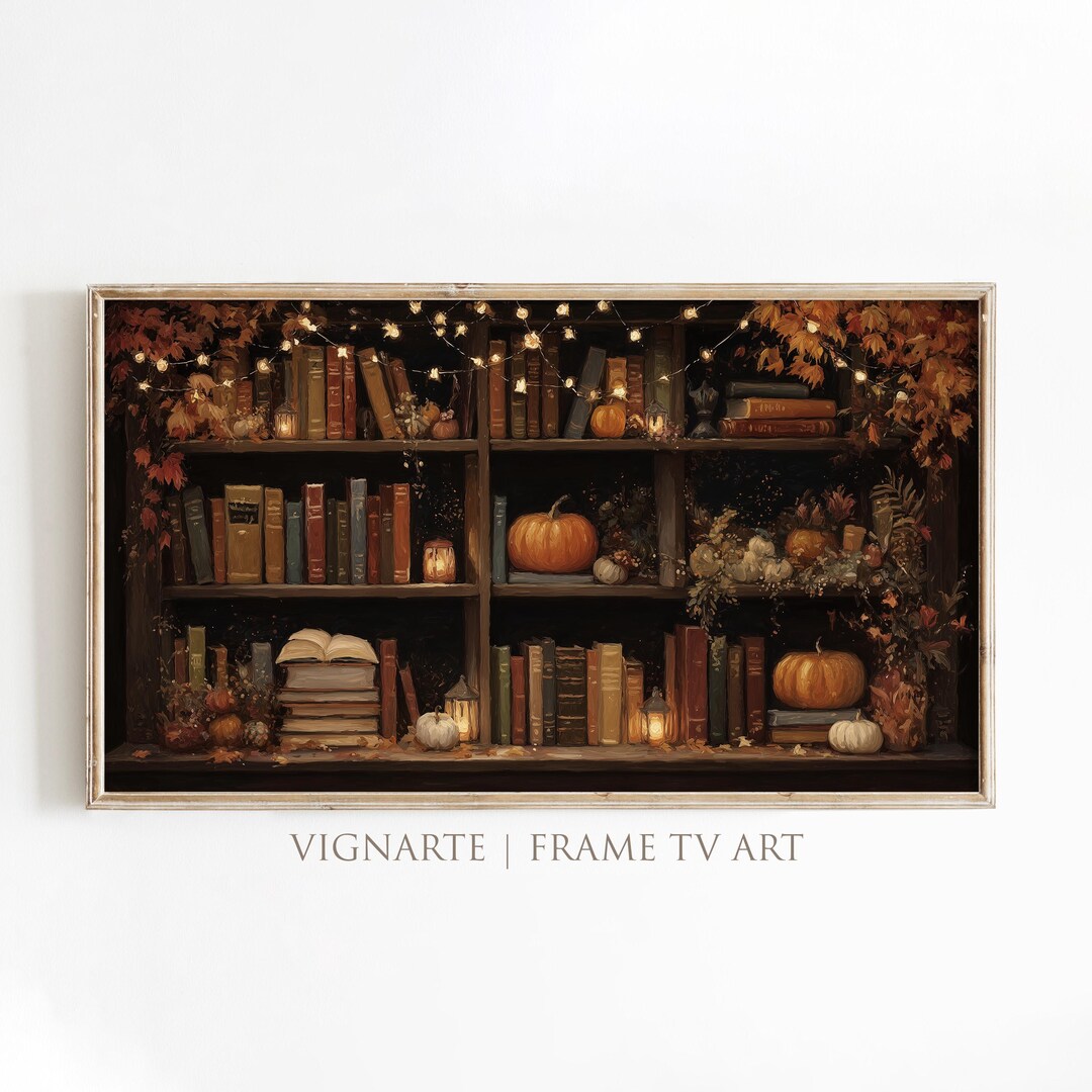 Rustic Bookshelf Frame TV Art, Autumn Pumpkins and Books, Cozy Fall ...