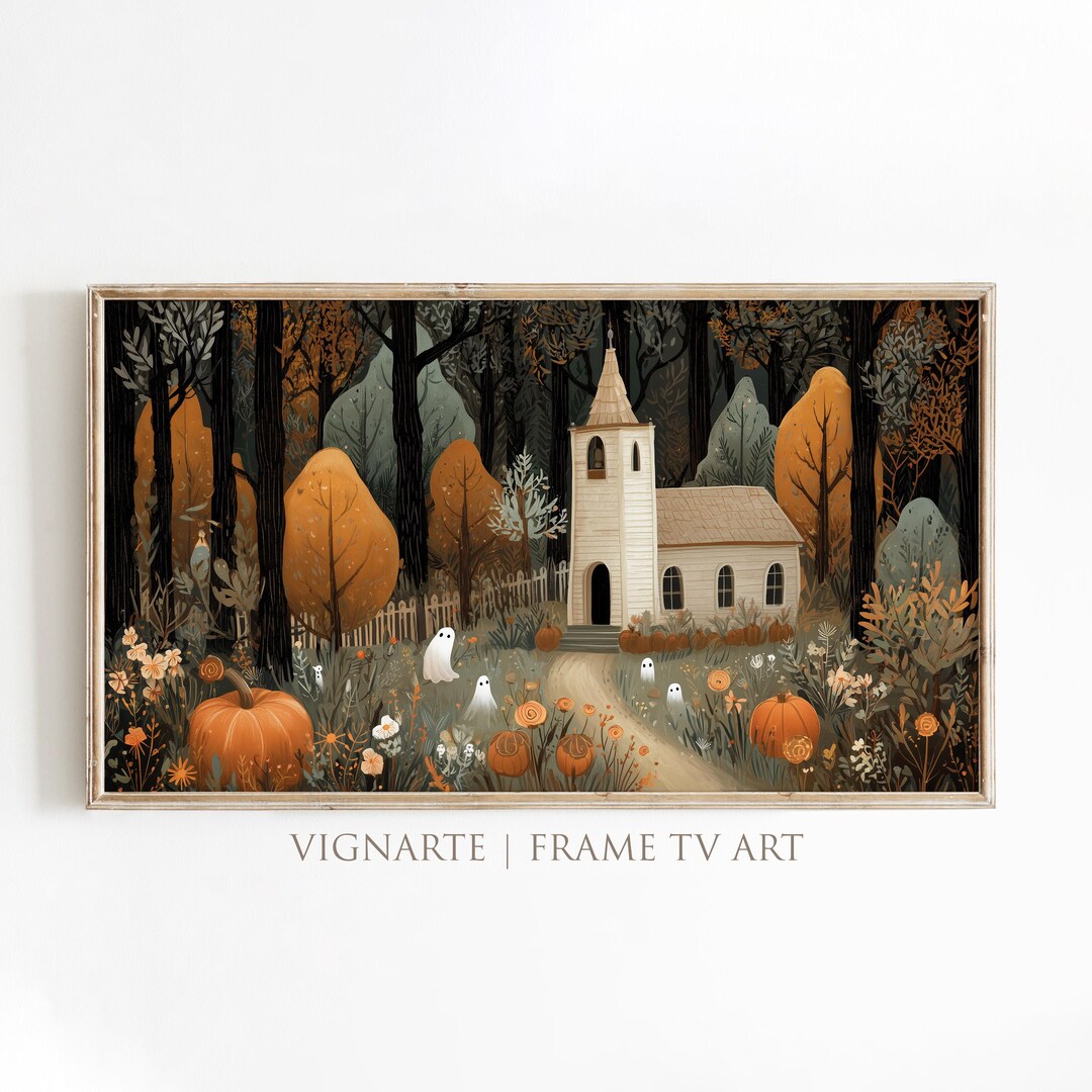 Rustic Fall Church Illustration Frame TV Art, Autumn Landscape Digital ...