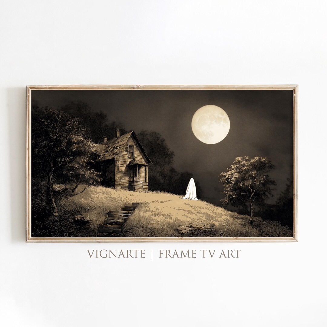 Vintage Haunted House Moonlit Scene Frame TV Art, Ghostly Figure in ...