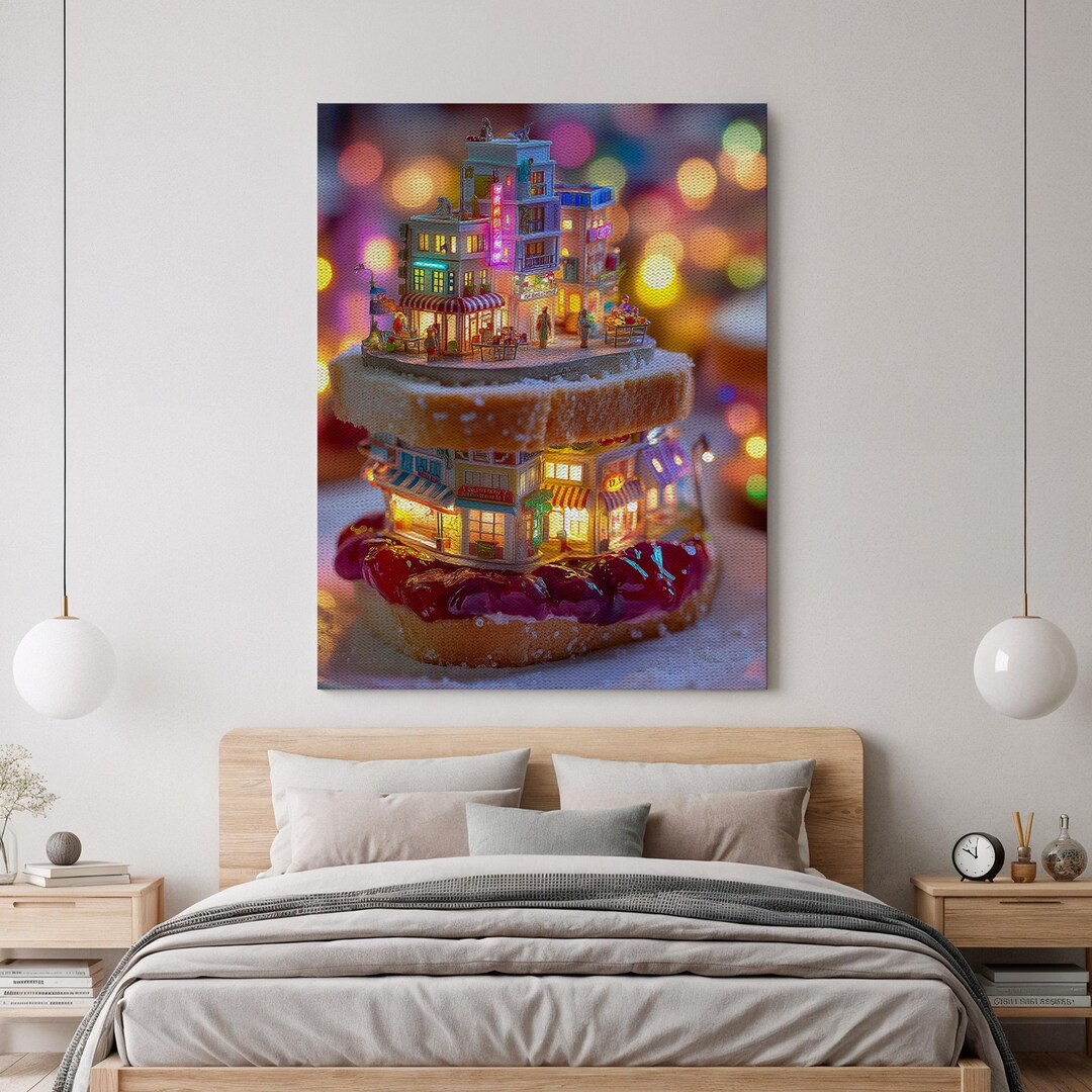 Miniature City Sandwich Canvas, Whimsical Building Art, Colorful ...