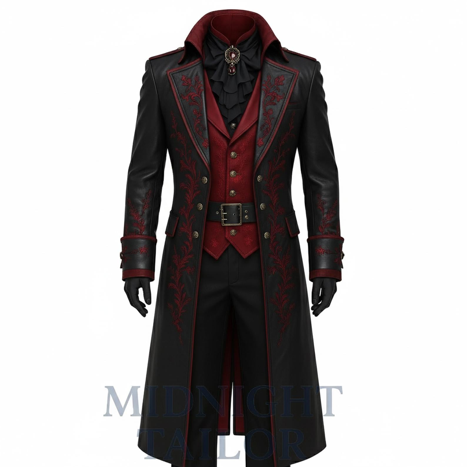 Victorian Gothic Vampire Leather Coat | Red & Black Embroidered ...