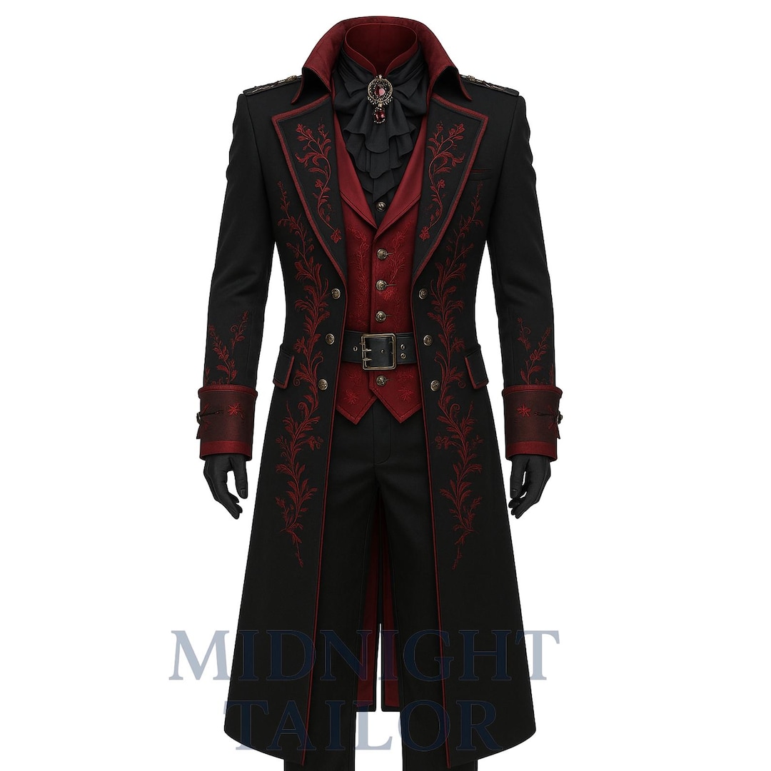 Victorian Gothic Vampire Coat With Red Embroidered Steampunk Jacket ...
