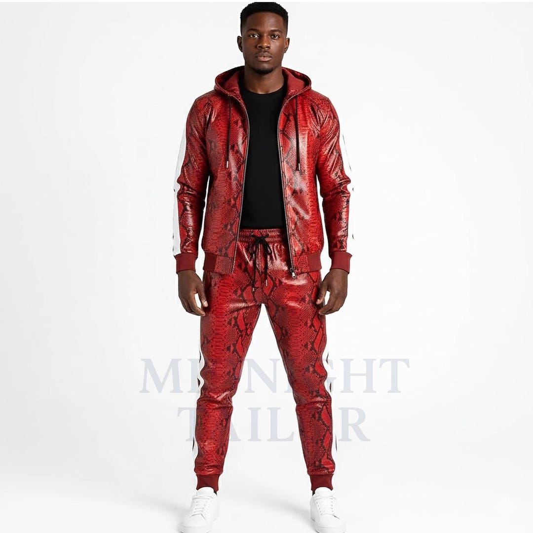 Men’s Real Leather Snake Print Tracksuit, Red Leather Hoodie & Jogger ...