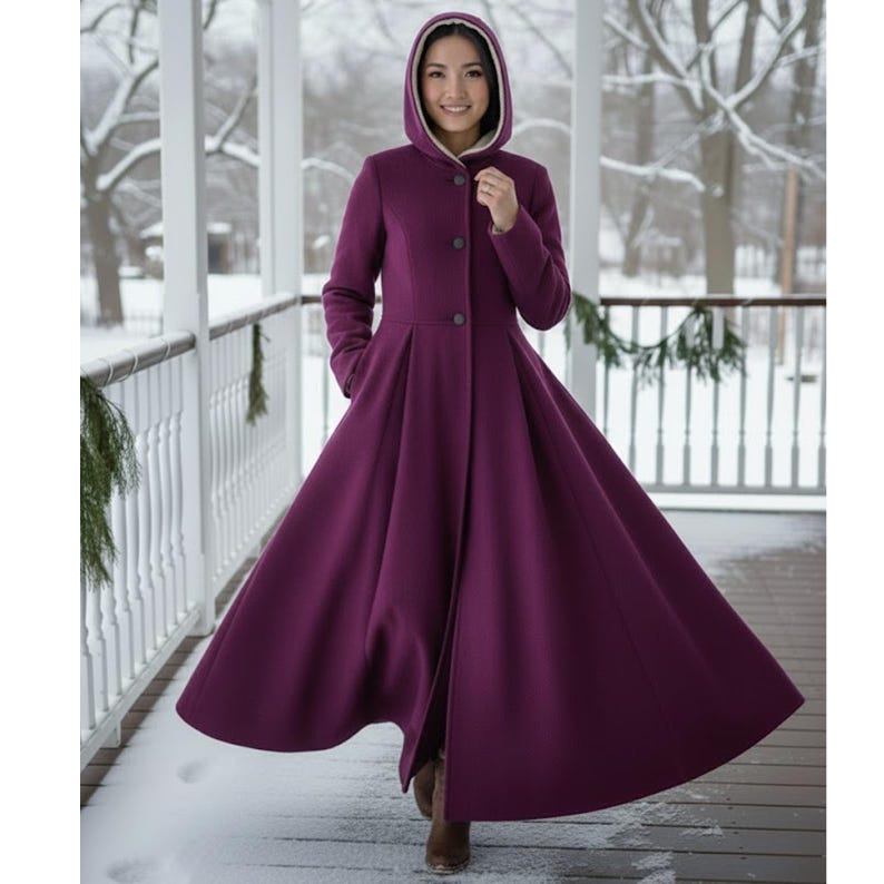 Purple Long Wool Swing Coat for Women, Hooded Winter Trench Coat, Fit ...