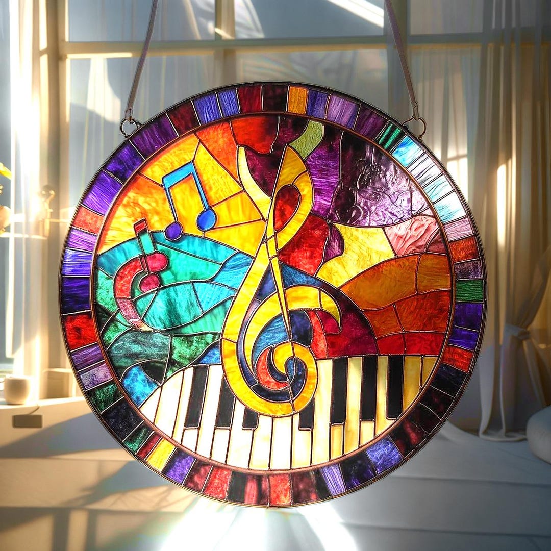 Colorful Treble Clef Faux Stained Glass Suncatcher, Acrylic Piano ...